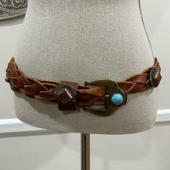 bebe | Accessories | Bebe Cognac Braided Leather Belt With Turquoise ...